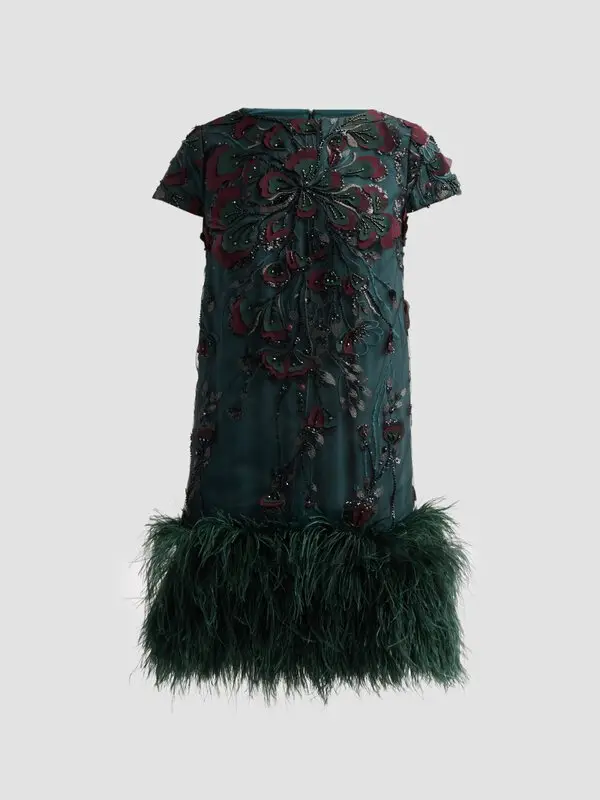 Badgley Mischka Embroidered Feather-hem Cocktail Dress