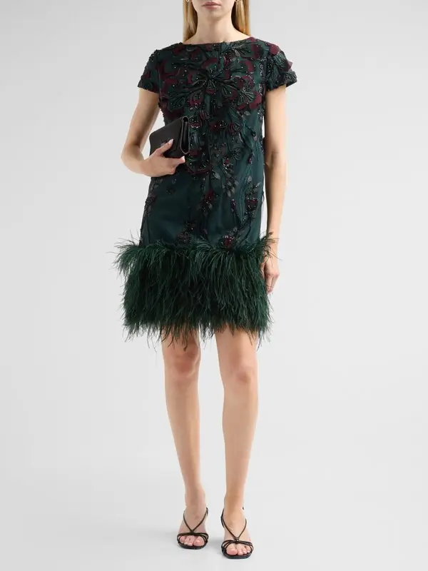 Badgley Mischka Embroidered Feather-hem Cocktail Dress