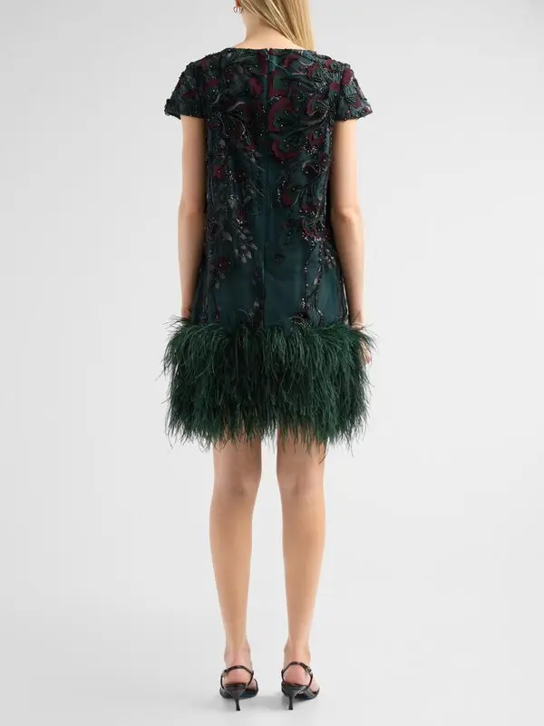 Badgley Mischka Embroidered Feather-hem Cocktail Dress