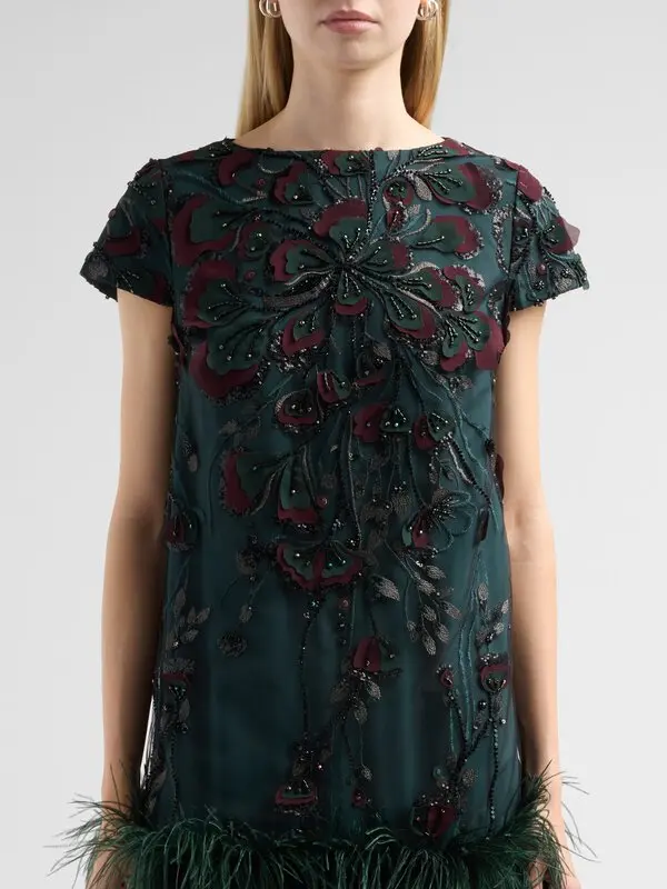 Badgley Mischka Embroidered Feather-hem Cocktail Dress