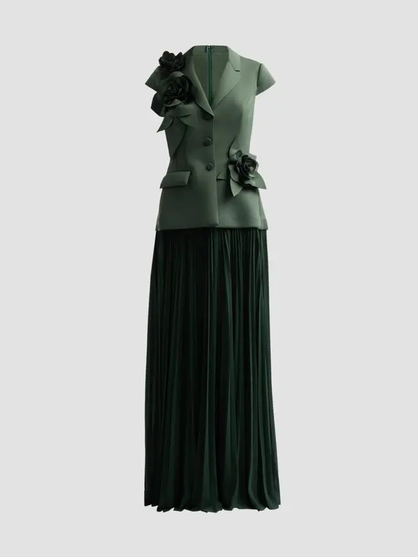 Badgley Mischka Blazer Floral Appliqué Pelated Gown - Forest