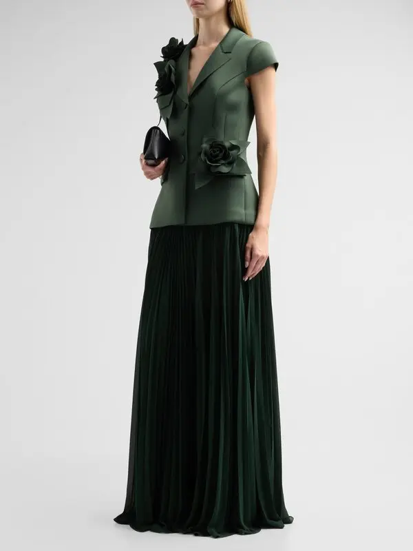 Badgley Mischka Blazer Floral Appliqué Pelated Gown