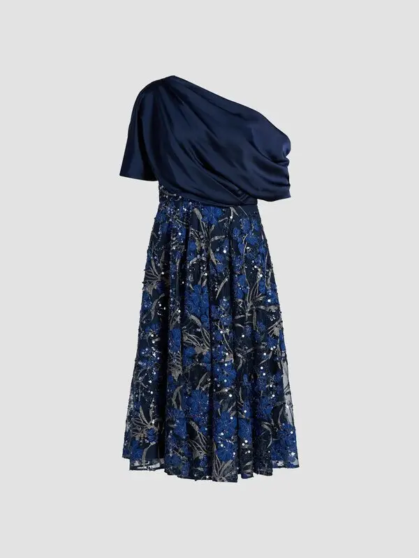 Theia Embellished One-shoulder Midi-dress