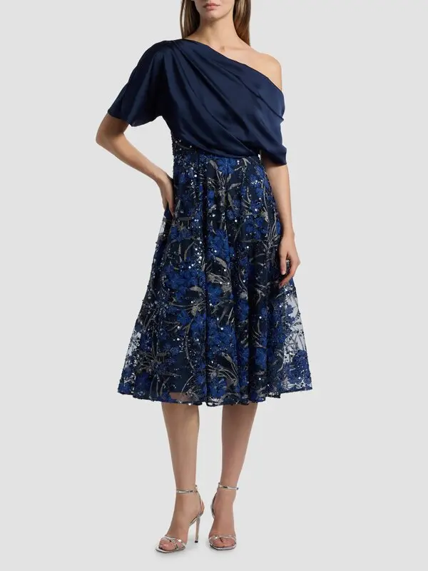 Theia Embellished One-shoulder Midi-dress
