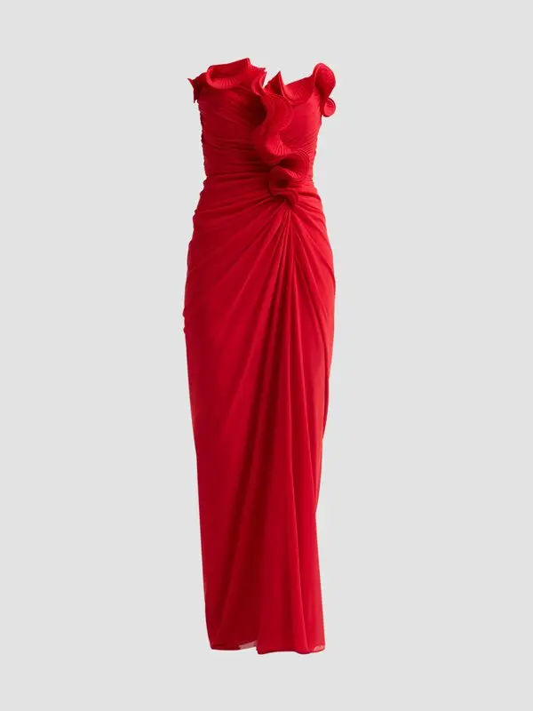Badgley Mischka Pleated Ruffle Chiffon Column Gown - Red