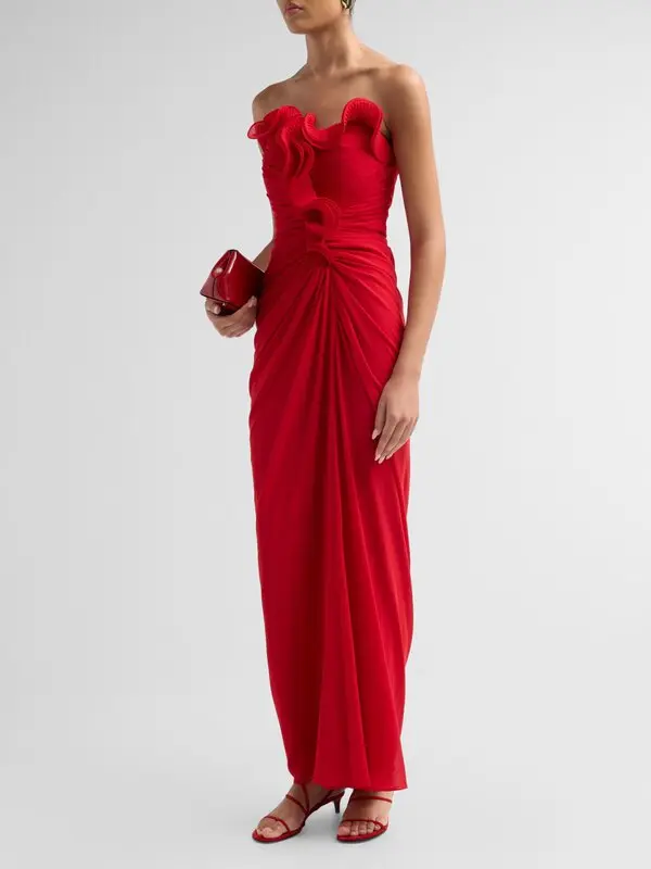 Badgley Mischka Pleated Ruffle Chiffon Column Gown - Red