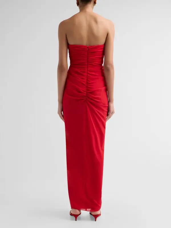Badgley Mischka Pleated Ruffle Chiffon Column Gown - Red