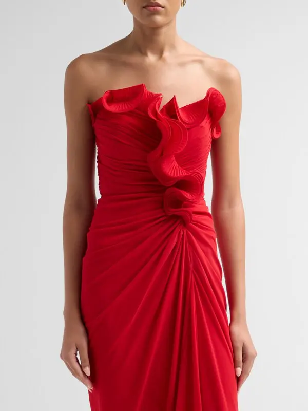 Badgley Mischka Pleated Ruffle Chiffon Column Gown - Red