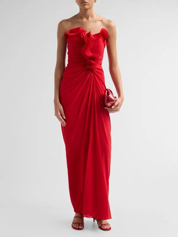 Badgley Mischka Pleated Ruffle Chiffon Column Gown - Red