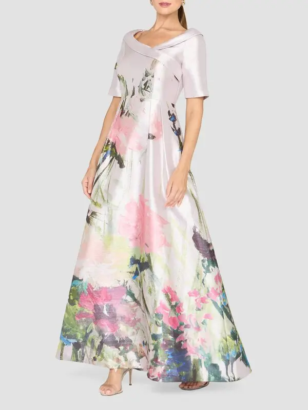 KAY UNGER Coco Floral Satin Cocktail Gown