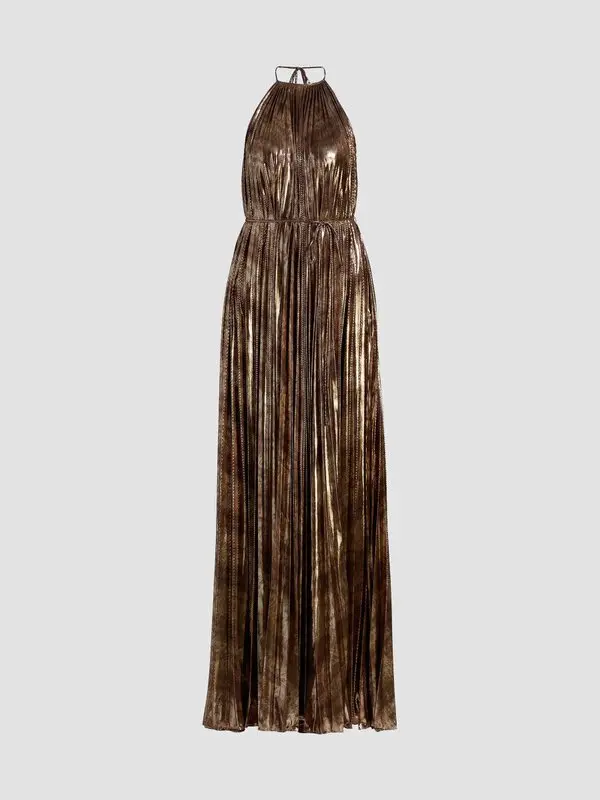 Halston Maxine Metallic Plissé Halter Gown