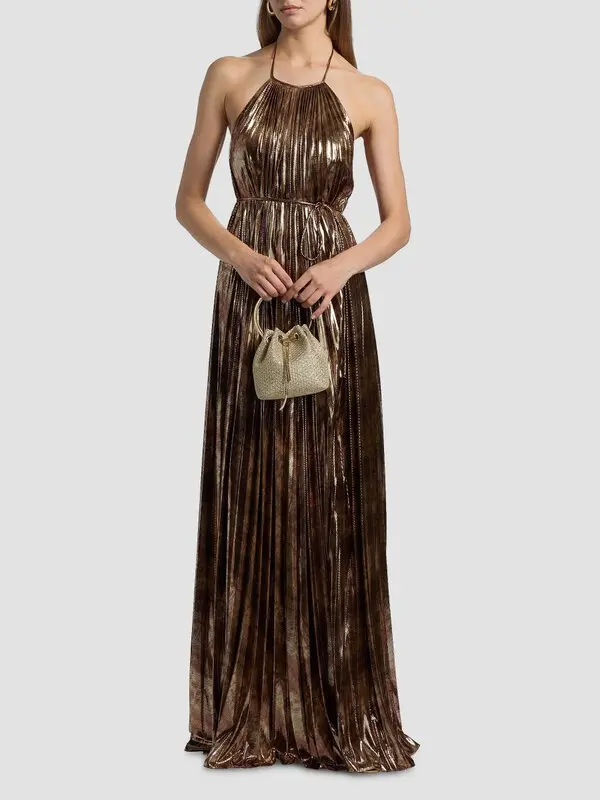 Halston Maxine Metallic Plissé Halter Gown
