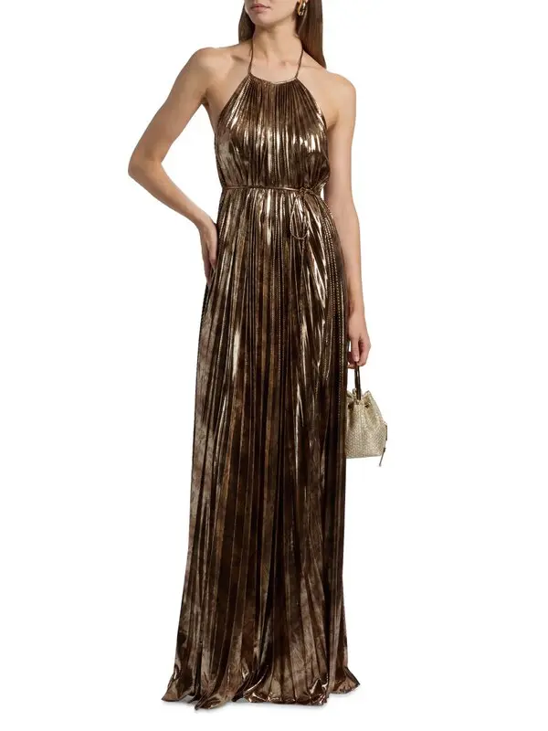 Halston Maxine Metallic Plissé Halter Gown
