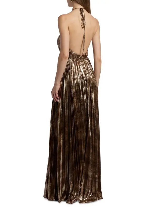 Halston Maxine Metallic Plissé Halter Gown