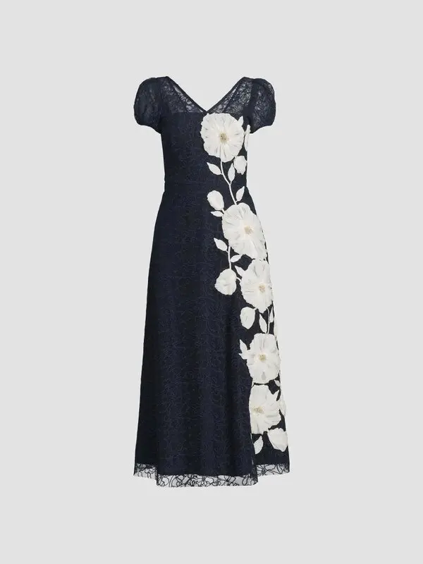 KAY UNGER Layla Floral Embroidered Tea-length Dress - Deep Navy