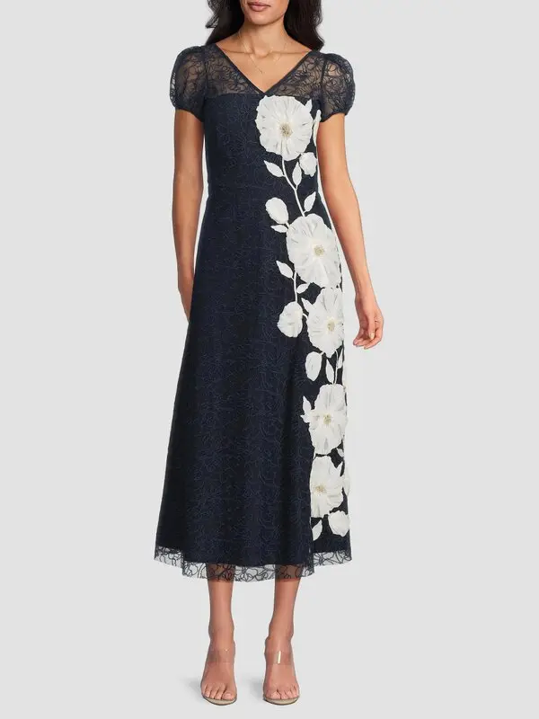 KAY UNGER Layla Floral Embroidered Tea-length Dress