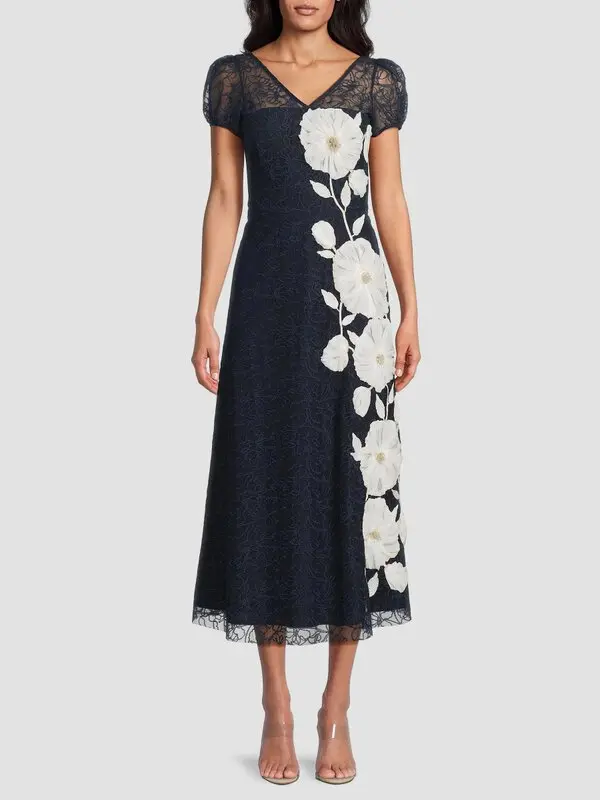 KAY UNGER Layla Floral Embroidered Tea-length Dress