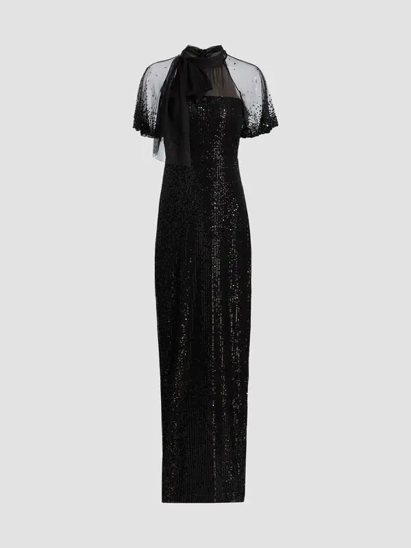 Theia Violette Tieneck Sequined Gown - Black