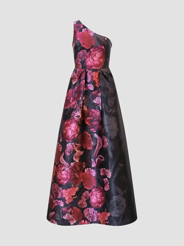 KAY UNGER Dianna Floral Mikado One-shoulder Gown - Twilight Multi