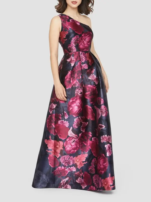 KAY UNGER Dianna Floral Mikado One-shoulder Gown