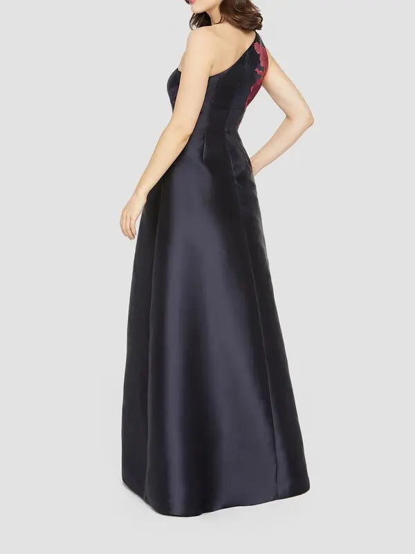 KAY UNGER Dianna Floral Mikado One-shoulder Gown