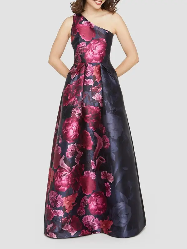 KAY UNGER Dianna Floral Mikado One-shoulder Gown
