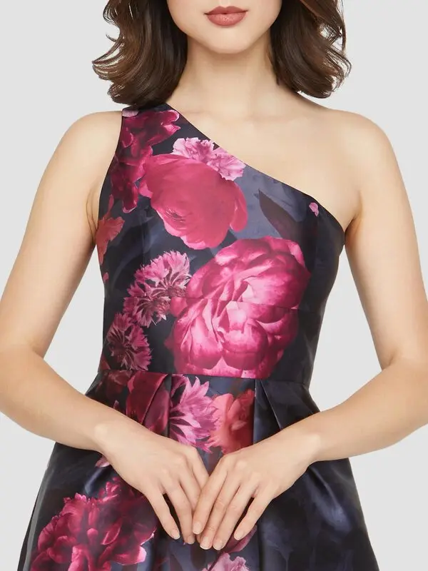 KAY UNGER Dianna Floral Mikado One-shoulder Gown