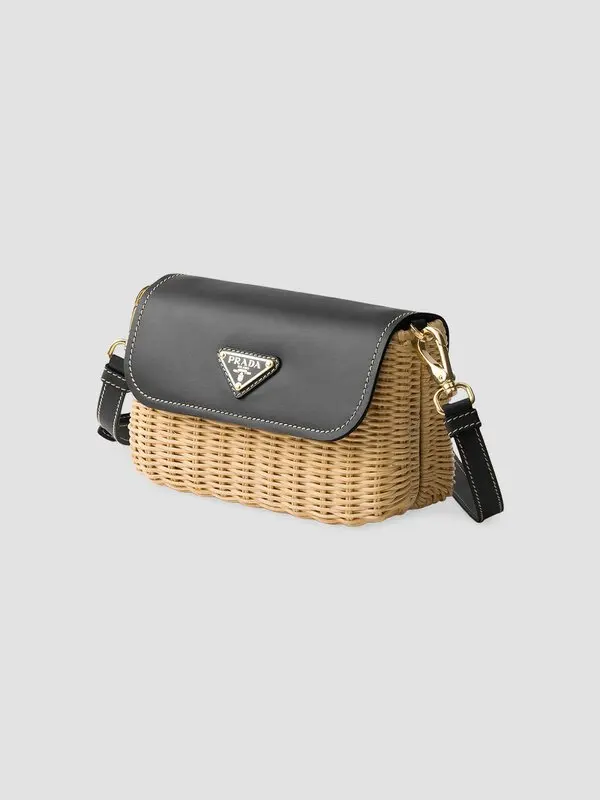 Prada Small Wicker And Leather Shoulder Bag - Black