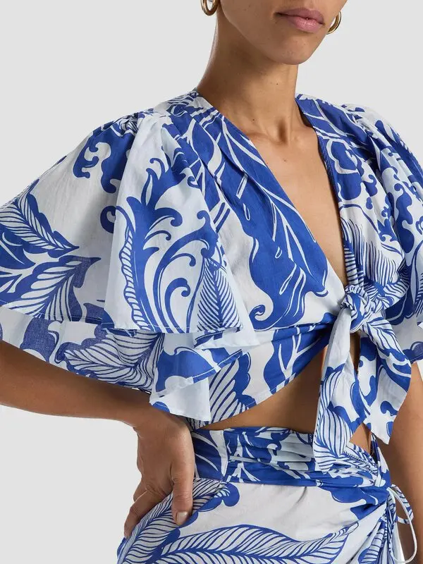 Poupette St Barth Rose Coral-print Cotton Tie-front Top - Blue Reef Wave
