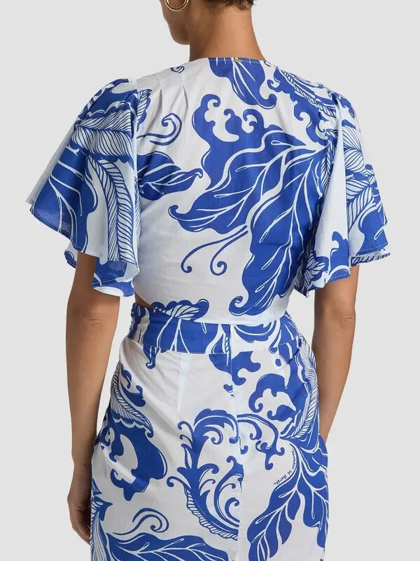 Poupette St Barth Rose Coral-print Cotton Tie-front Top - Blue Reef Wave