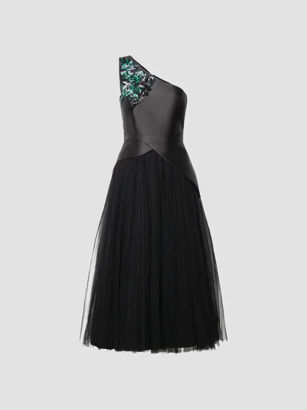 KAY UNGER Annabeth Embellished One-shoulder Cocktail Dress