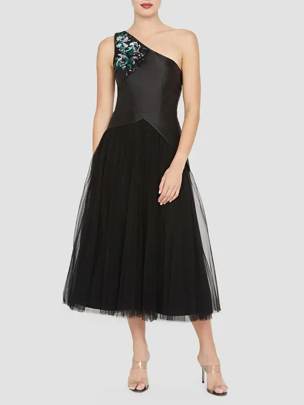 KAY UNGER Annabeth Embellished One-shoulder Cocktail Dress