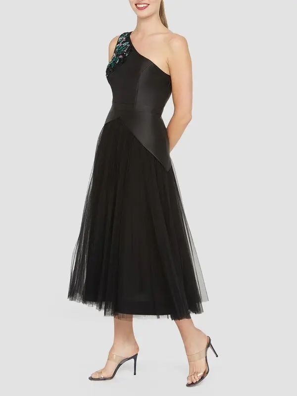 KAY UNGER Annabeth Embellished One-shoulder Cocktail Dress