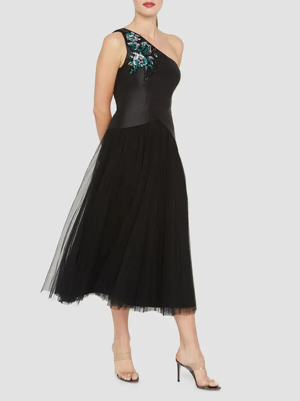 KAY UNGER Annabeth Embellished One-shoulder Cocktail Dress