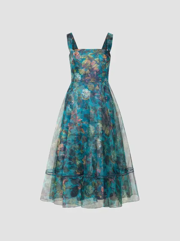 Theia Anissa Floral Organza Square-neck Midi-dress