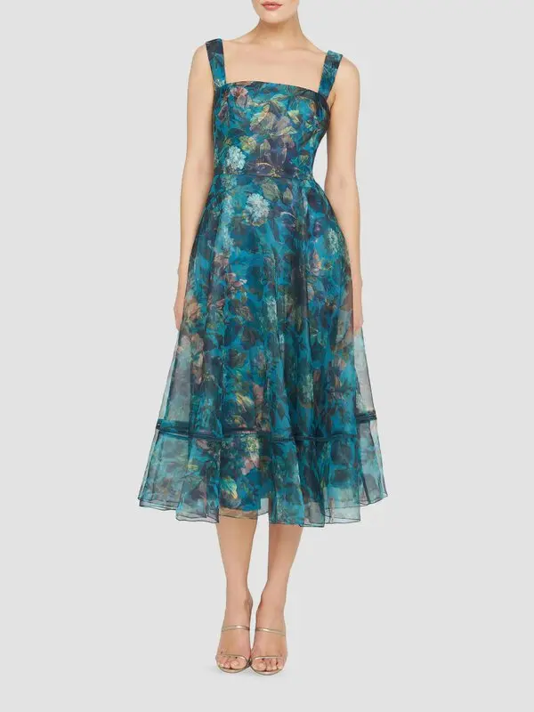 Theia Anissa Floral Organza Square-neck Midi-dress