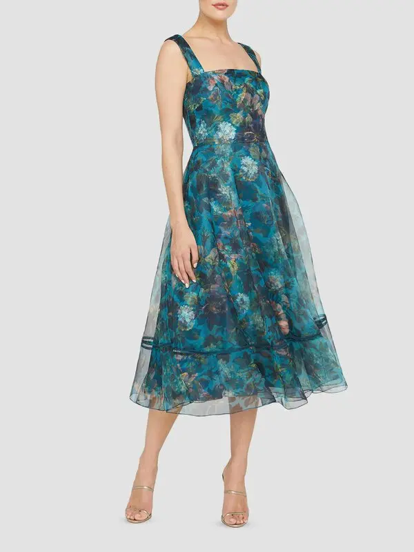 Theia Anissa Floral Organza Square-neck Midi-dress