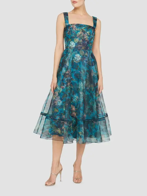 Theia Anissa Floral Organza Square-neck Midi-dress