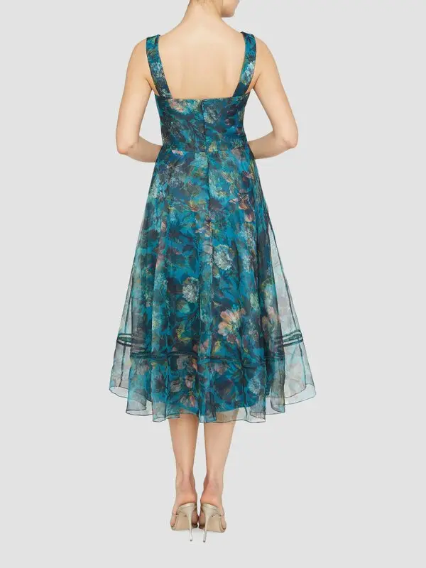 Theia Anissa Floral Organza Square-neck Midi-dress