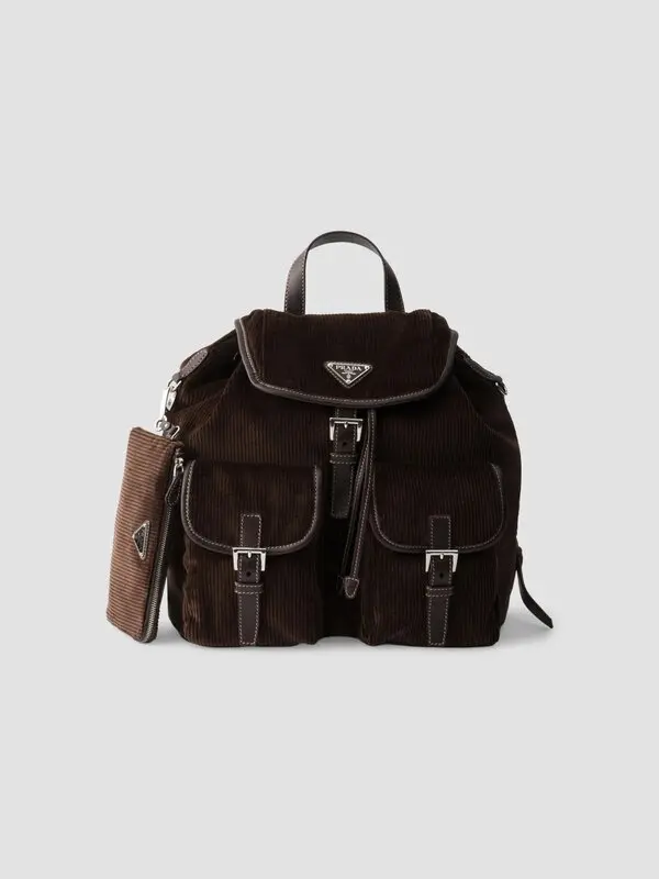 Prada Medium Corduroy And Leather Backpack - Brown