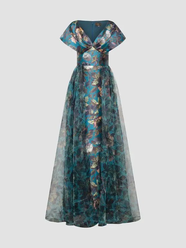 Theia Azaria Floral Mikado Draped V-neck Gown