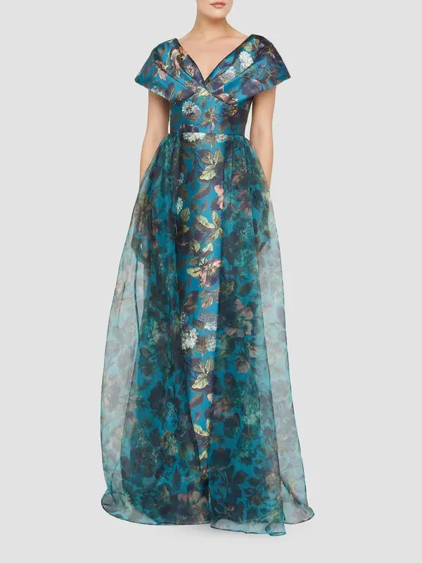 Theia Azaria Floral Mikado Draped V-neck Gown