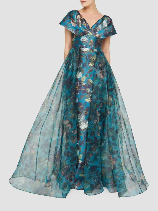 Theia Azaria Floral Mikado Draped V-neck Gown