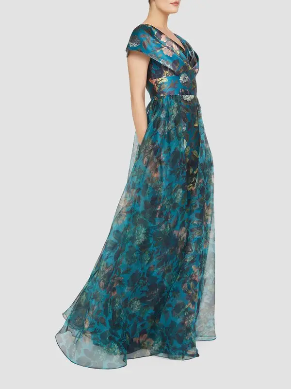 Theia Azaria Floral Mikado Draped V-neck Gown