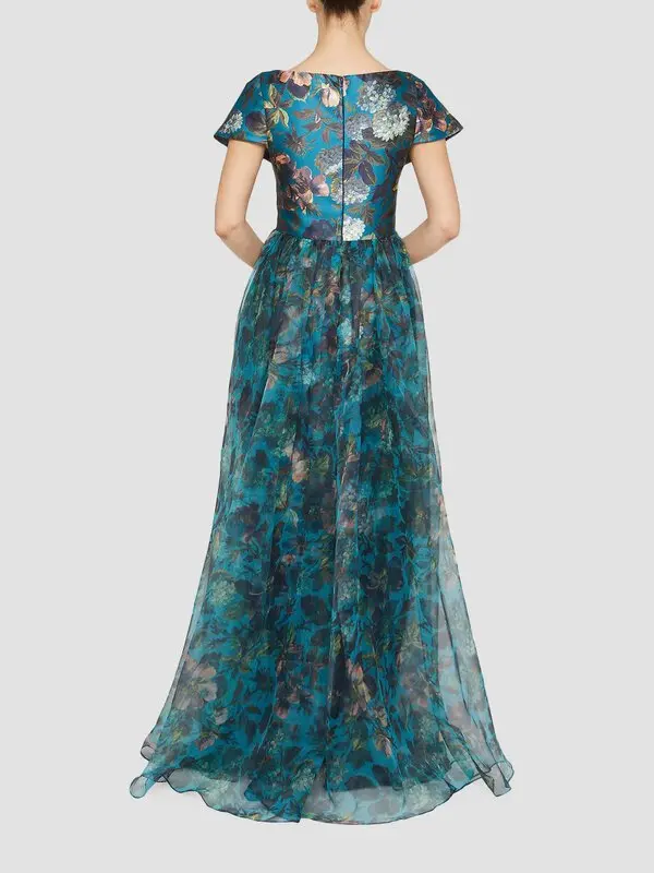 Theia Azaria Floral Mikado Draped V-neck Gown