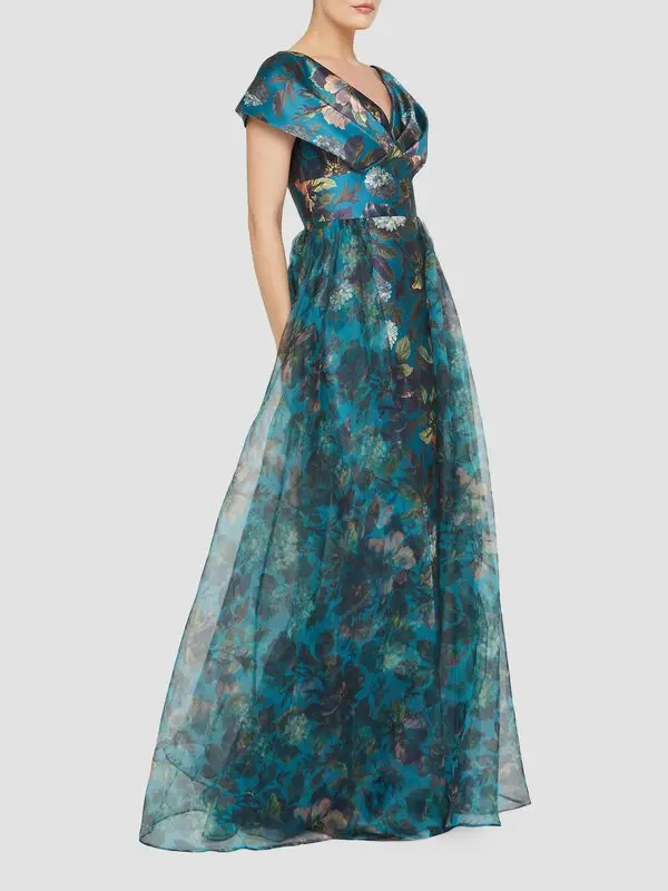 Theia Azaria Floral Mikado Draped V-neck Gown
