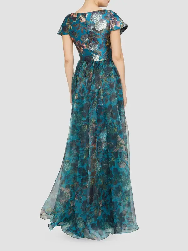 Theia Azaria Floral Mikado Draped V-neck Gown