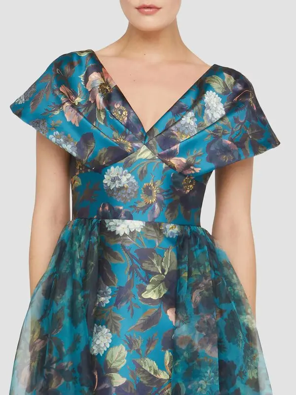 Theia Azaria Floral Mikado Draped V-neck Gown
