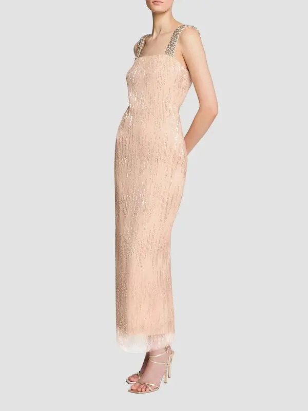 Halston Eila Embellished Tulle Square-neck Midi-dress