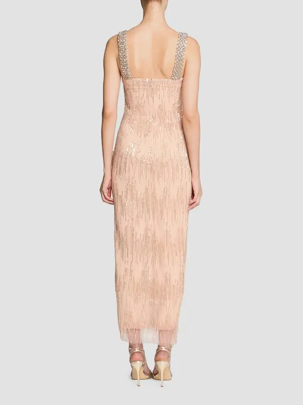 Halston Eila Embellished Tulle Square-neck Midi-dress